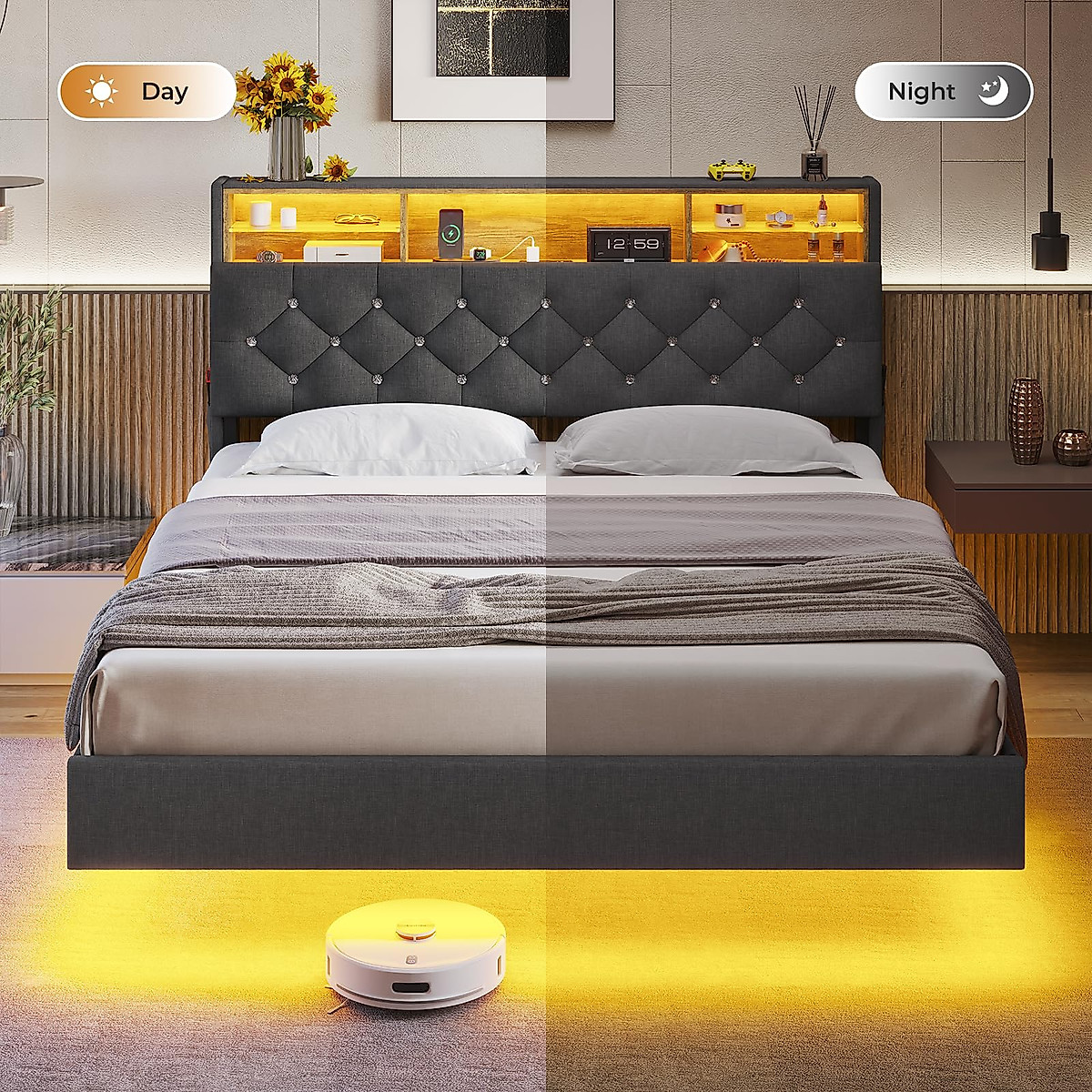 ADORNEVE Queen Floating Bed Frame with Storage Headboard and RGB LED Lights, Linen Upholstered Platform Floating Bed with USB-C/A Charging Station,Innovative Stable Structure,Dark Gray