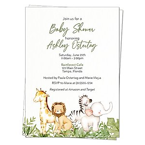 Jungle Animals Baby Shower Invitation Unisex Safari Invites Giraffe Lion Born to Be Wild Elephant Zebra Printed Customized Cards (12 Count)