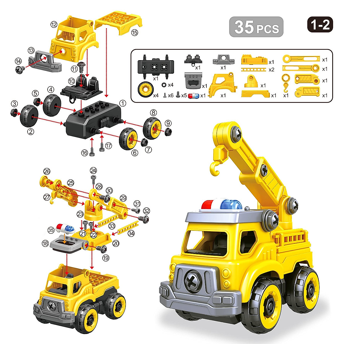 4-in-1 Take Apart Car Toys for Boys, DIY Engineering Construction Truck Toy Vehicle - Dump Truck, Cement Mixer, Excavator, Crane, Kids Building Educational Toy Gift for Age 3 4 5 6 7 8 Year Old Girls