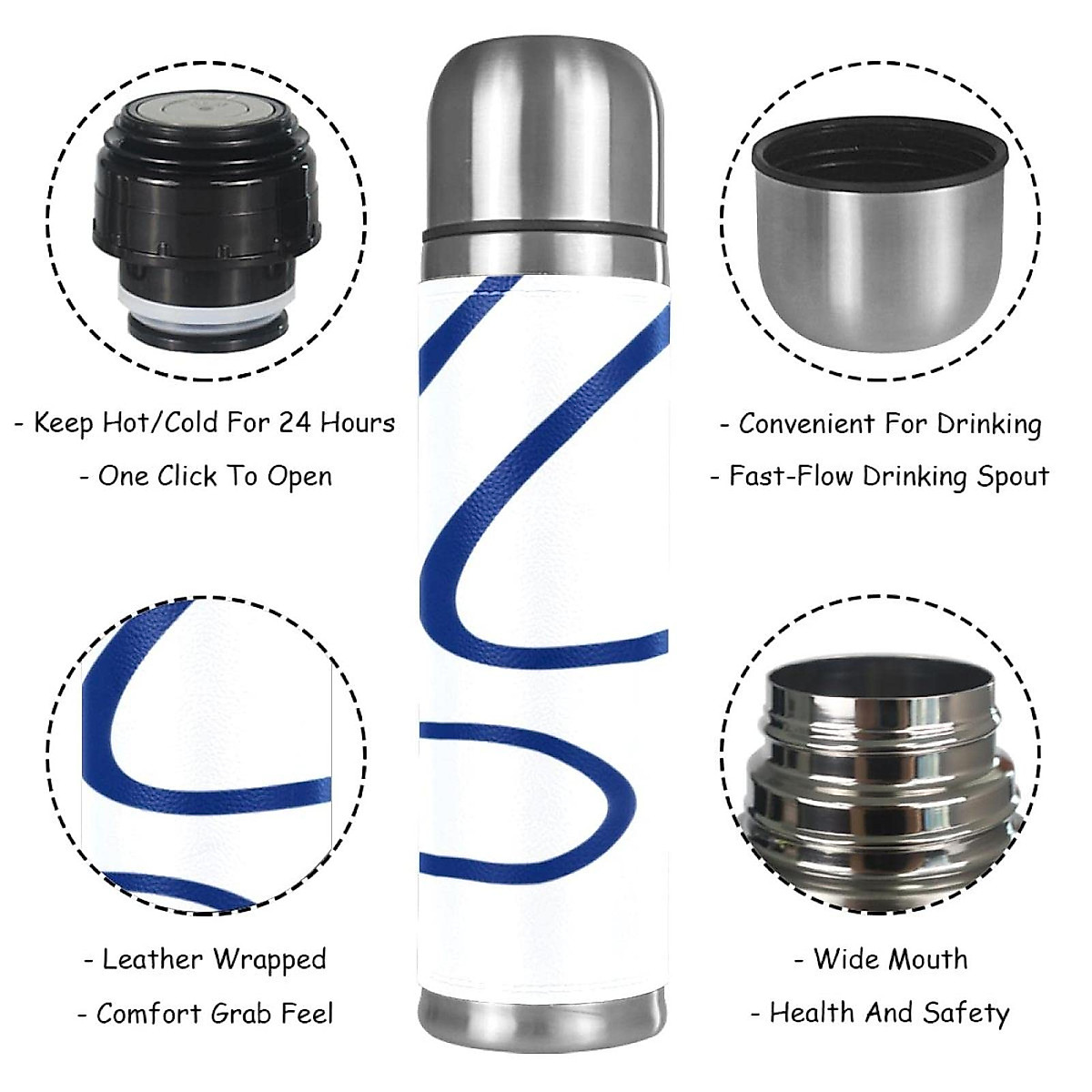 Stainless Steel Leather Vacuum Insulated Mug Line Thermos Water Bottle for Hot and Cold Drinks Kids Adults 16 Oz