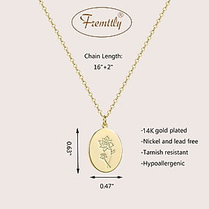 Fremttly Oval Coin Pendant Necklace 12 Month Birth Flower Disc Necklace 14K Real Gold Dainty Personalized Gift -3-Daffodil