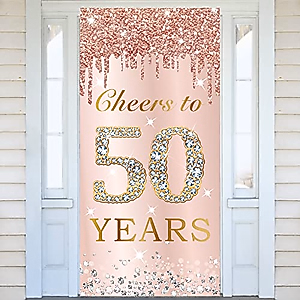 50th Birthday Door Banner Decorations for Women, Rose Gold Pink Cheers to 50 Years Birthday Door Cover Backdrop Party Supplies, 50 Year Old Birthday Poster Sign Photo Booth Props