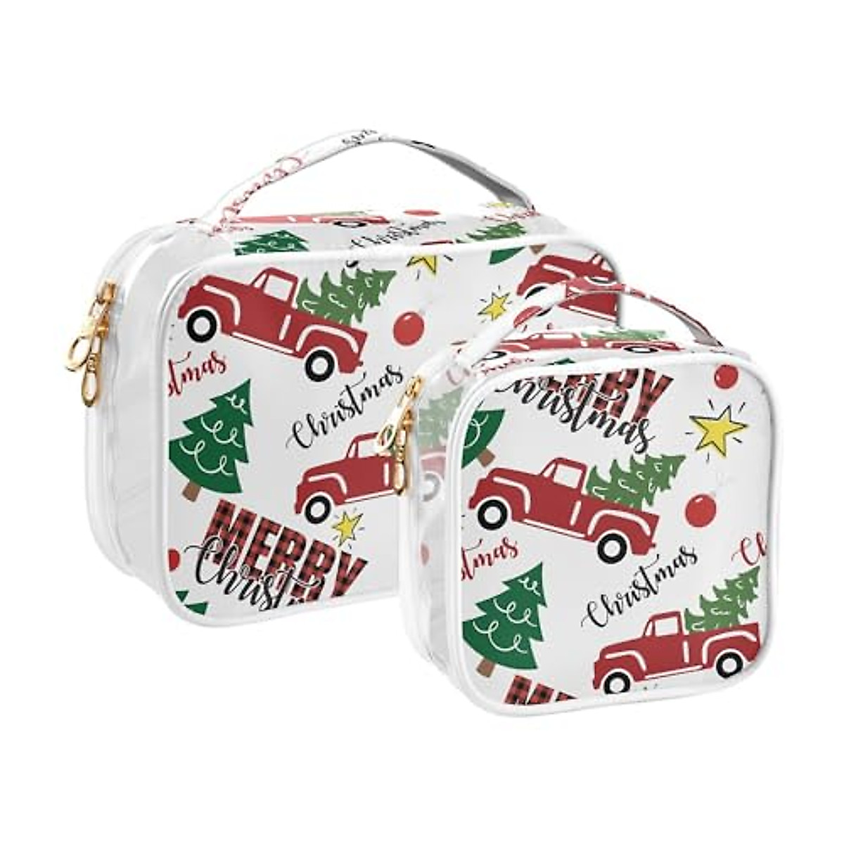 RunningBear Cartoon Christmas Truck Tree Clear Toiletry Bag 2 Pcs Cosmetic Bag Makeup Bag Travel Storage Pouch Set with Handle for Men Women Cosmetics Toiletries Travel Accessories