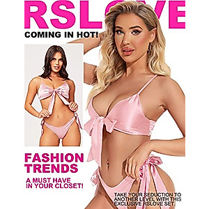 RSLOVE Women Sexy Lingerie Set Satin Bow Tie 2 Piece Bra and Panty Sets Pink L