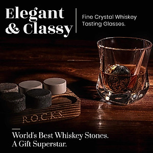 Whiskey Chilling Stones Gift Set - 6 Handcrafted Premium Granite Round Sipping Rocks - 2 Crystal Superior Glasses - Hardwood Presentation & Storage Tray - Elegant Gold Foil Gift Box by R.O.C.K.S.