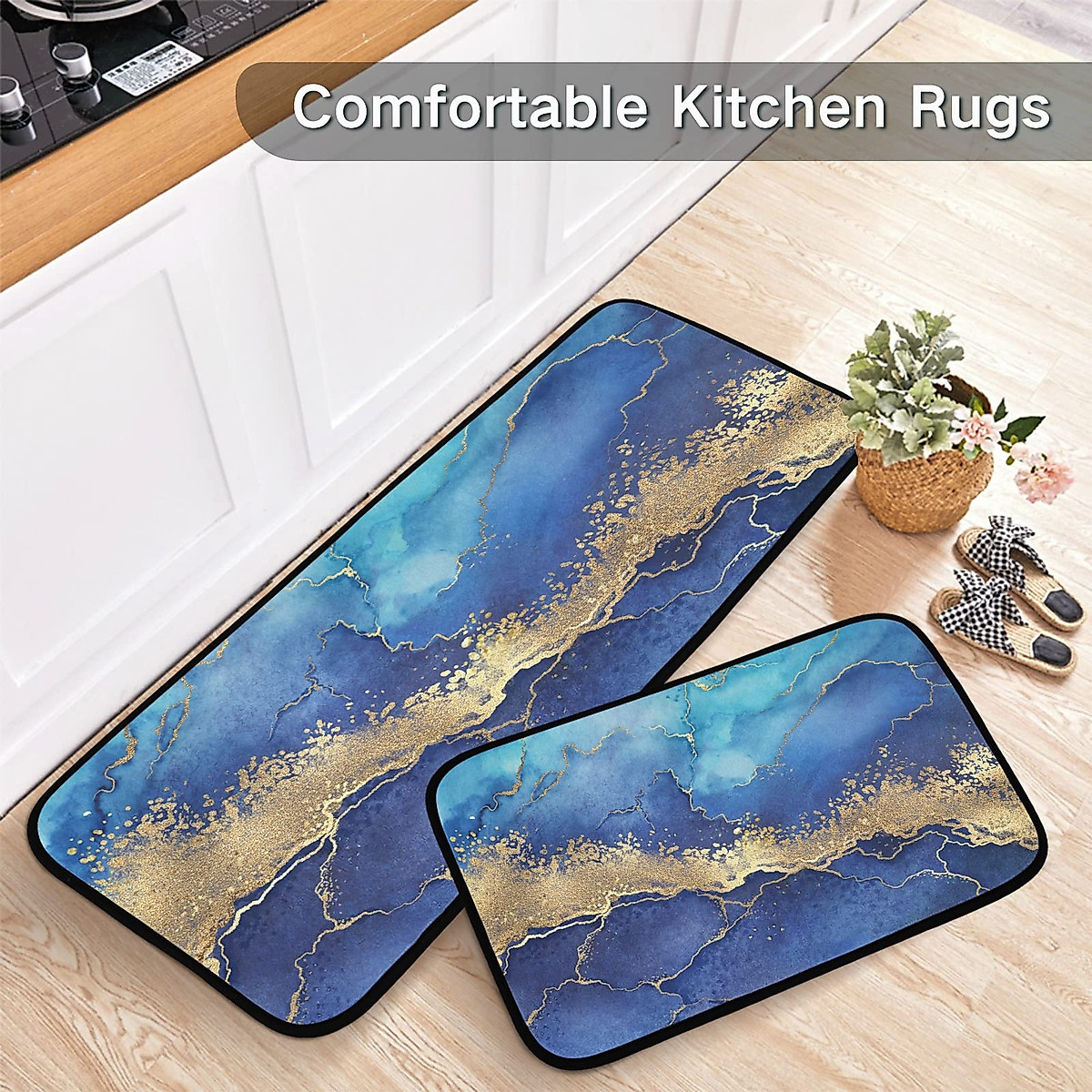 Kitchen Mats Rugs 2 Piece Set Bath Mat Antifatigue Cushioned Gold Black Marble for Floor Non Slip Washable (color5)