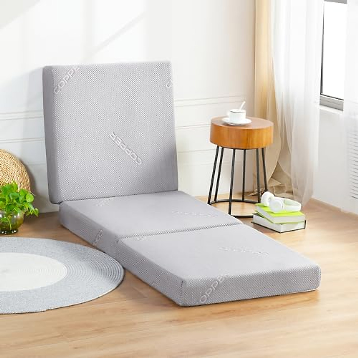 Olee Sleep Tri-Folding Antibacterial Memory Foam Mattress Topper, 4 Inch Copper Bamboo Gel Folding Mattress, Washable Cover, CertiPUR-US Certified, Soft, Grey, Single Size