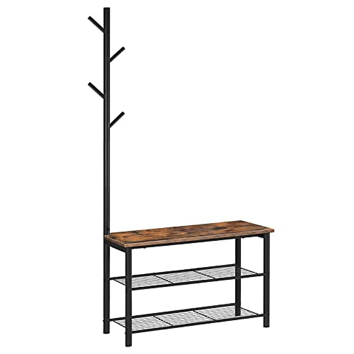 HOOBRO Shoe Bench, 28.3" Entryway Storage Bench with Coat Rack, 3-Tier Shoe Rack with Metal Mesh Shelves, Mudroom Bench, 4 in 1 Rustic Bench for Hallway, Foyer, Doorway, Bedroom BF12HX01