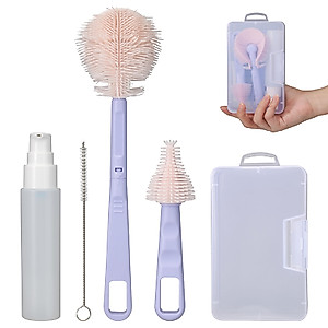 Baby Bottle Brush, VOOWO Portable Travel Bottle Cleaner Kit, Silicone Baby Bottle Cleaner Brush Set with Baby Bottle Brush for Cleaning, Nipple Brush, Straw Cleaner, Bottle Soap Dispenser (Purple)