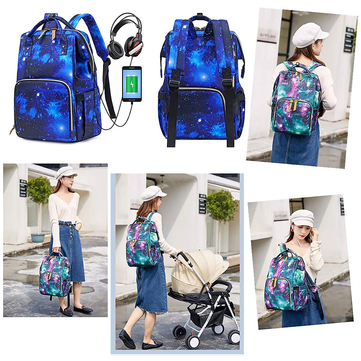 Galaxy Prints Mommy Diaper Bag Backpack Large Capacity Maternity Baby Nappy Changing Bags with USB Charger
