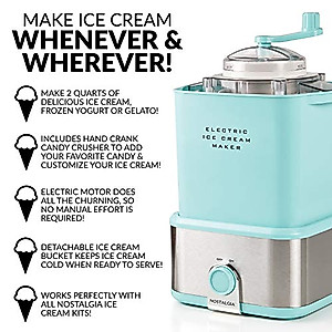 Nostalgia Electric Ice Cream Maker & Candy Crusher, 2 Quarts, Soft Serve Machine for Ice Cream, Frozen Yogurt & Sorbet in Minutes, Works with Candy Bars, Chocolate Chips, Nuts & More, Aqua