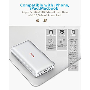 iDiskk 【Mfi Certified Plug-Play】 1TB External Hard Drive for iPad iPhone 15 Android Photo Backup Storage for iPhone 15/14/13/12/12 Pro Max/12 pro/11 pro/X/XR,Mac/iMac/PC, Built-in 10000mAh Power Bank