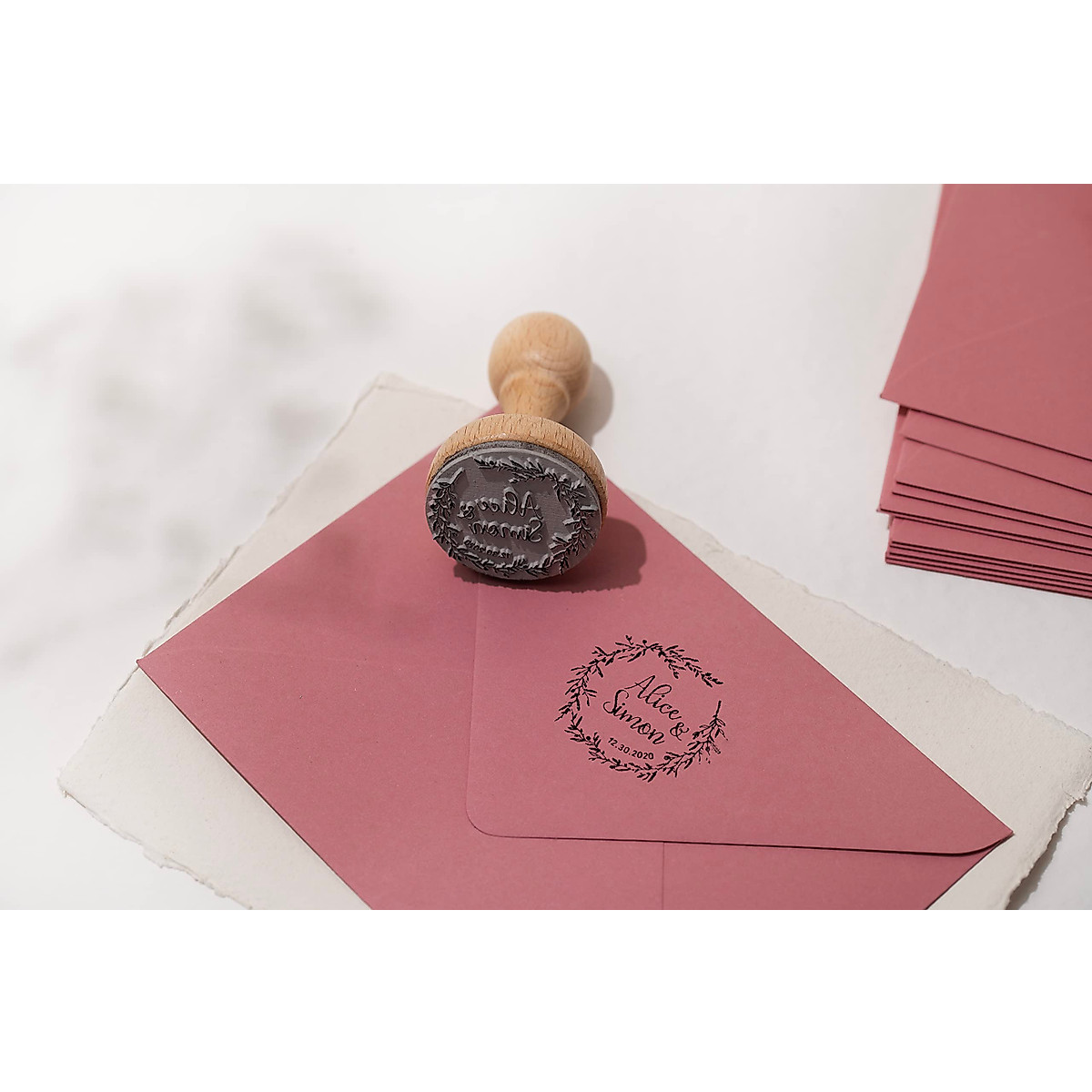 Stamp by Me | Custom Wedding Stamp | Wedding Stamp | Personalized Stamp | 12 Exclusive Designs | Wooden Stamp | Ideal for Envelopes and Wedding Invitations | Names and Date | Circular Flower Wreath