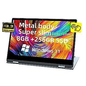 Touch Screen Laptop, 2 in 1 Win11 Yoga Laptop 16GB RAM 256G SSD, 13.3 Inch Convertible Laptop Computer, N5100 Quad Core, FHD IPS Panel, 2.4/5G/AC WiFi, Type-C, Thin&Light Notebook,Full Metal