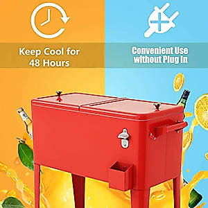 Giantex 80 Quart Rolling Cooler Cart, Steel Patio Cooler with Locking Wheels, Bottle Opener, Drain Plug, Outdoor Beverage Bar Cooler Trolley Ice Chest for Party Cookouts Backyard BBQ (Red)