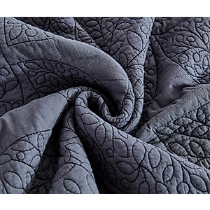 CHIXIN Botanical Cotton Quilt Queen Size - Real Stitching Leaf Pattern - Quilted Bedspread Coverlet Set, Ultra Soft, Lightweight, Reversible, 3 Piece, Dark Grey