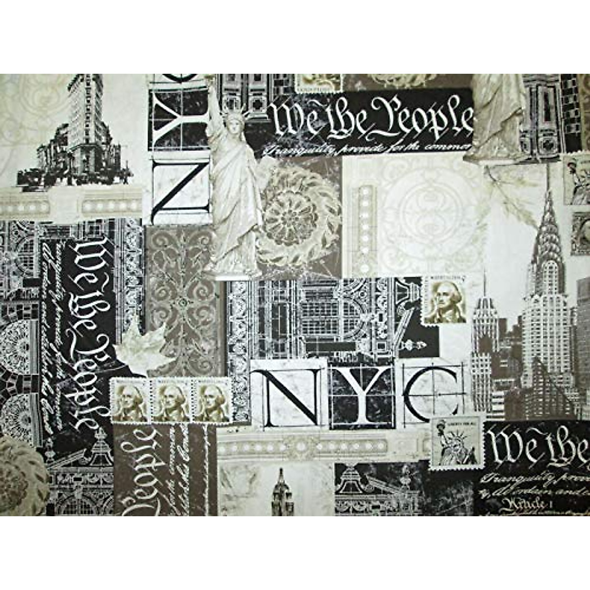 NYC New York City Landmarks Statue of Liberty Stamps TAN Cotton Fabric Size;1/4 Yard(18x22)