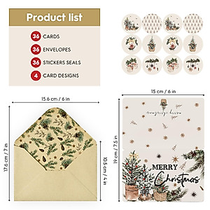 Artoid Mode 36 Pack Merry Christmas Thank You Cards Gloves Basket Xmas Tree Greeting Cards Gift With Envelope Sticker Blank Note Cards for Birthday Wedding Baby Shower Bridal Shower, 4 x 6 Inch