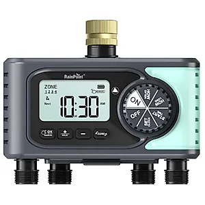 RAINPOINT Sprinkler Timer, 4 Outlets Hose Timer with Brass Inlet, Water Timer with Rain Delay/Manual/Automatic Timed Controller System, Programmable Digital Irrigation Timer for Lawn Yard, 4 Zone