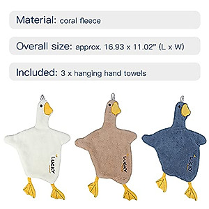 Pearlead 3Pcs Hanging Hand Towels with Hanging Loop Absorbent Coral Fleece Hand Towels for Kitchen Cute Goose Thick Kitchen Cloth Dish Towels Hand Dry Towels for Bathroom Khaki White Blue