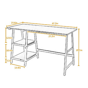Trestle Desk with 2 Shelves, soges 47 inches Reversible Storage Desk with Racks, Home Office Computer Desk Organizer Workstation, Student Desk Wooden School Desk, Black