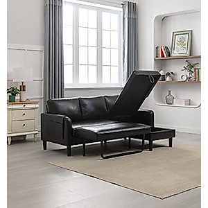 Eafurn 3 Seater Sectional Chaise Lounge and Storage,L Shaped Convertible Pull Out Bed,Comfy Velvet Upholstery Corner Sofa & Couches Button Tufted Living Room Furniture Sets, Black Soft 72.44"