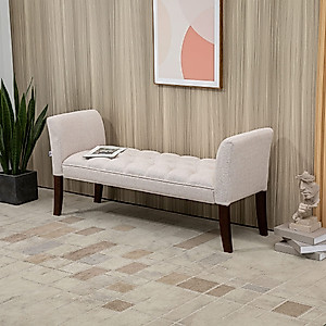 HOMCOM End of Bed Bench with Button Tufted Design, Upholstered Bedroom Entryway Bench with Arms and Solid Wood Legs for Bedroom, Beige