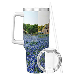 furenan Bluebonnets 40oz Tumbler With Handle And Straw Lid Stainless Steel Double Wall Vacuum Insulated Tumbler Travel Mug Straw Covers Cup For Water Iced Tea Or Coffee