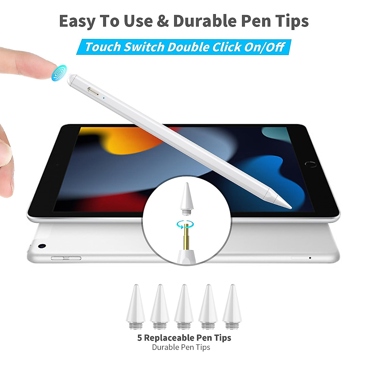 Stylus Pen for iPad, Apple Pencil 2.5X Quick Charge, 5 Extra Tip, Compatible with iPad Pro 12.9/11 inch(2018-2023) iPad 6th,7th,8th,9th,10th Gen, iPad Mini 6/5, iPad Air 3/4/5, Palm Rejection(White)