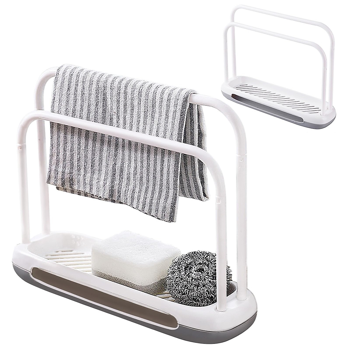 BLLREMIPSUR Kitchen Sink Sponge Holder Dishcloth Hanger, Tap Storage Rack, 2 in 1 Tray Organizer Stand with Drain for Rag, Brush, Scrubber