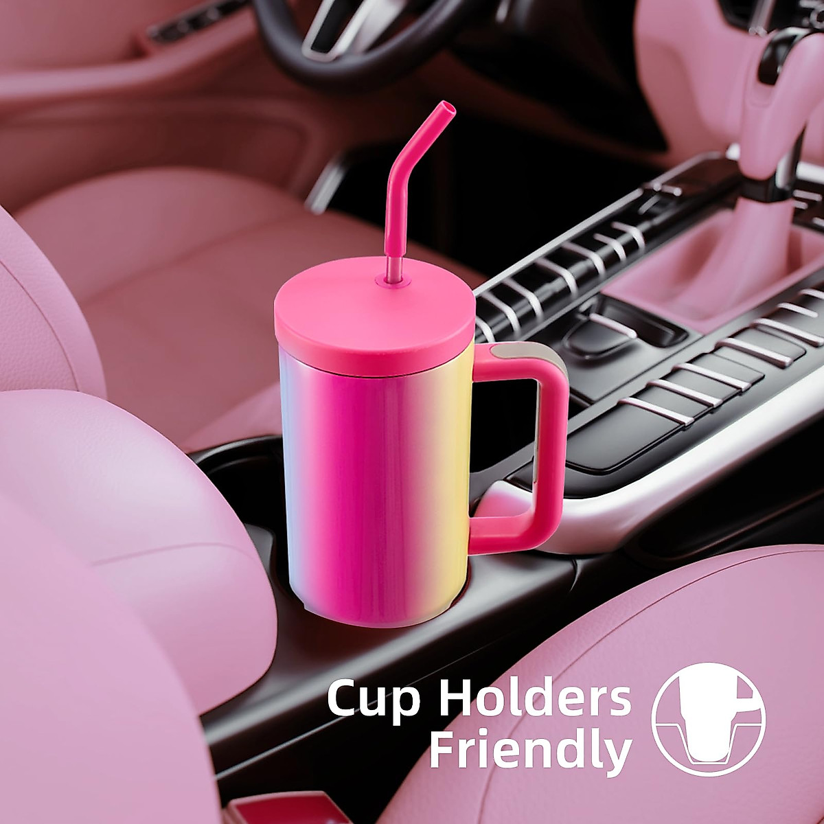 40 oz Tumbler with Handle and Straw Lid, Reusable Leak-Proof Insulated Tumblers, Stainless Steel Coffee Tumbler Cups, Travel Mug for Home Office, Keep Cold 34Hrs, Cup Holder Friendly(Pink Panther)