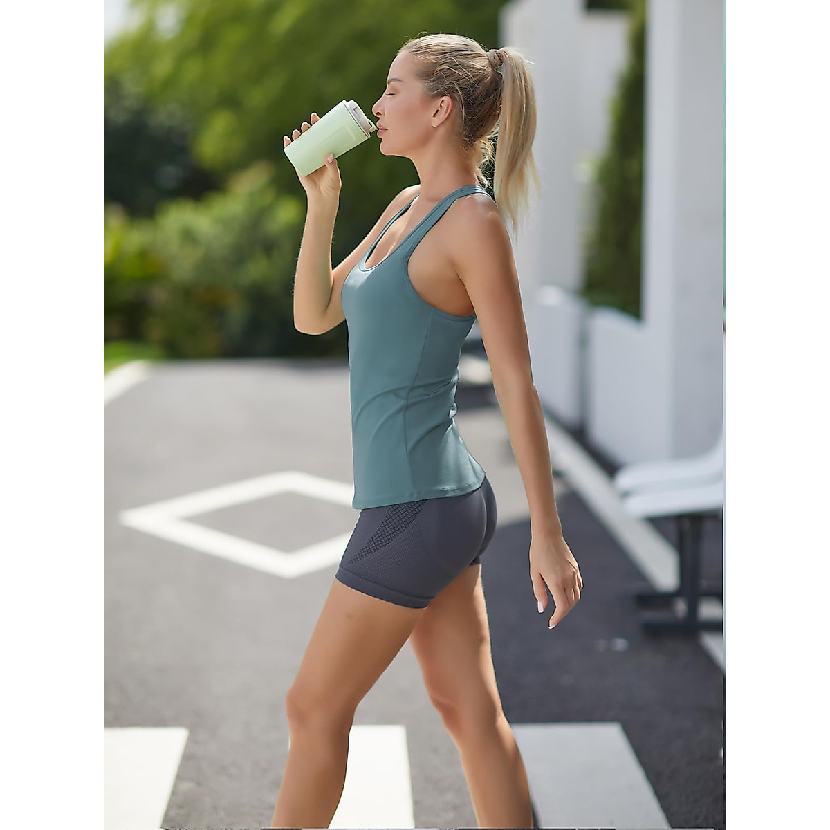 RUNNING GIRL Workout Tops for Women,Strappy Back Blue Tank Top with Built in Bras Basic Yoga Crop Tops Fitted(BX2356 Blue.CN:M,US:S)