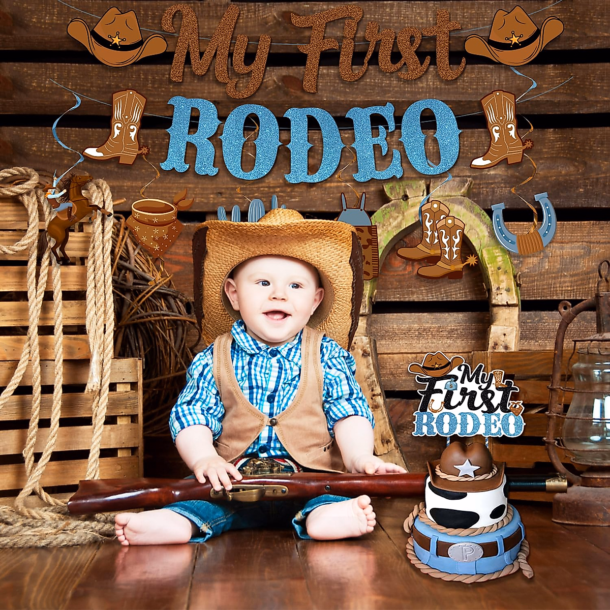NO-DIY Cowboy Birthday Decorations, Cowboy First Rodeo Birthday Party Decorations Boy, My First Rodeo Birthday Party Supplies Boy Includes 2 Banner 1 Cake Topper 8 Hanging Swirls for Baby Shower