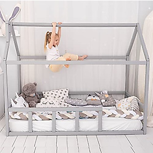 BUSYWOOD Montessori Twin House Bed - Toddler Floor Bed Frame - Kids Furniture - Indoor Playroom - Floor Bed House - Montessori Bed for Toddlers (Model 2, Grey, Floor Bed)