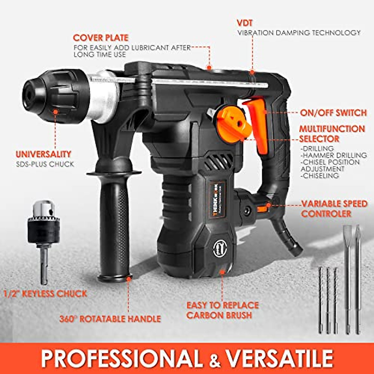 THINKWORK Rotary Hammer Drill, 1-1/4 Inch, 13 Amp, Heavy Duty SDS-Plus Demolition Hammer with 4 Functions Double Insulation Damping System Safety Clutch, for Concrete, Metal & Stone