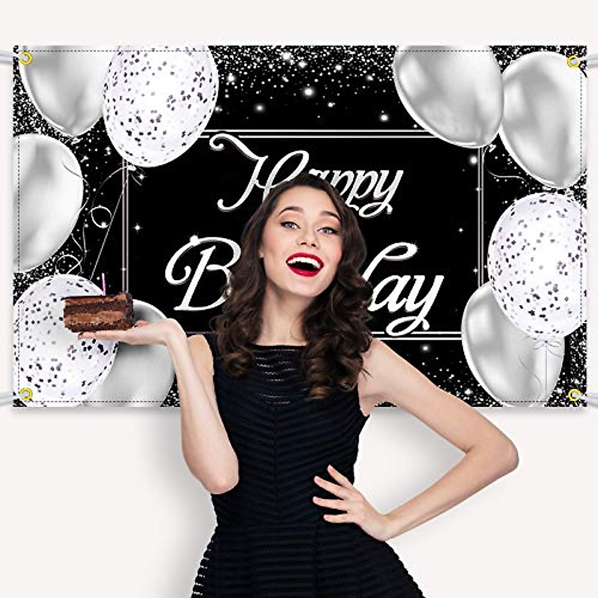 Happy Birthday Backdrop Banner Black and Silver Photography Background Happy Birthday Banner Large Birthday Party Sign Poster Photography Backdrop Party Decoration Supplies for Men and Women