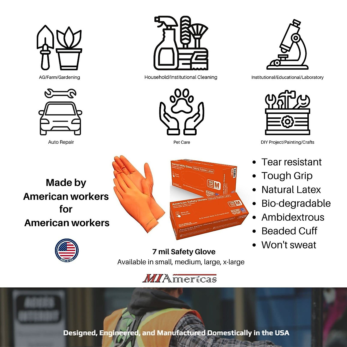 American Safety Glove Latex Disposable Low Protein Natural Rubber Non-Allergy 7 MIL 1 box of 100 (Medium, 100, Count)