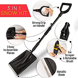VaygWay 3 in1 Snow Shovel Kit- Premium Quality Portable Collapsible Replaceable Rotatable Head Snow Removal Brush Kit, Ice Scraper and Snow Brush Car Set with Carrying Bag for Cars Truck SUVs