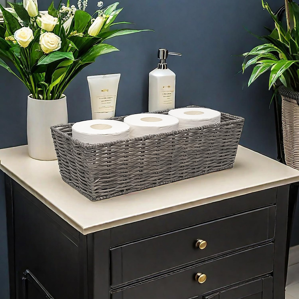 GIB Bathroom Baskets for Organizing, Toilet Paper Baskets for Back of Toilet Tank Top, Small Wicker Basket for Organizing, Waterproof Decorative Rectangle Woven Baskets, Grey, Set of 2