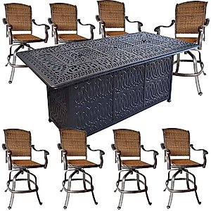 Sunvuepatio 9 Piece Fire Pit Patio Dining Outdoor Bar Set Santa Clara Swivels Barstools Table Cast Aluminum Wicker Furniture.