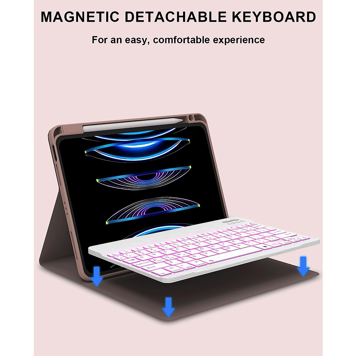 iPad Air 5th/4th Generation Keyboard Case 2022/2020, iPad Pro 11 1st/2nd/3rd 2018/2020/2021 10.9 inch Case with Keyboard & Pencil Holder, Removable 7 Colors Backlit Bluetooth Wireless Keyboard (Pink)
