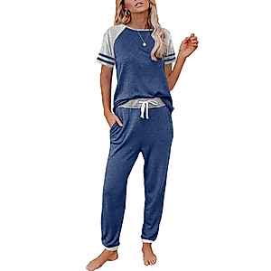AUTOMET Lounge Sets For Women Two Piece Outfits Loungewear Short Sleeve Crewneck Jogger Pajama Set Sweatpants Tracksuit Blue M