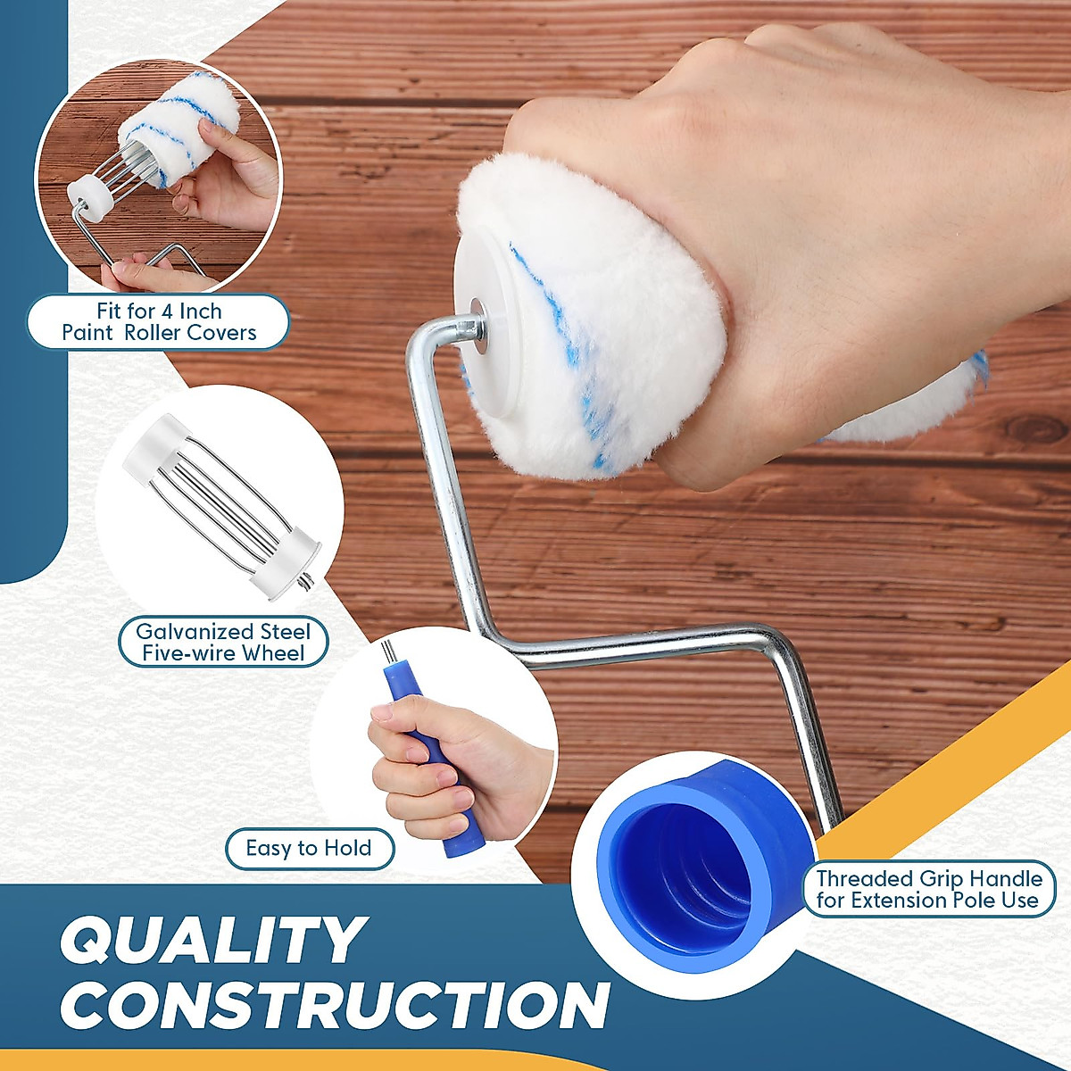 Leumoi 12 Pcs 4 Inch Paint Roller Frame 5 Wire Galvanized Steel 4 Inch Roller Frame Handle House Painting Supplies for Home Walls Ceiling Small Areas Edges and Corners, Blue