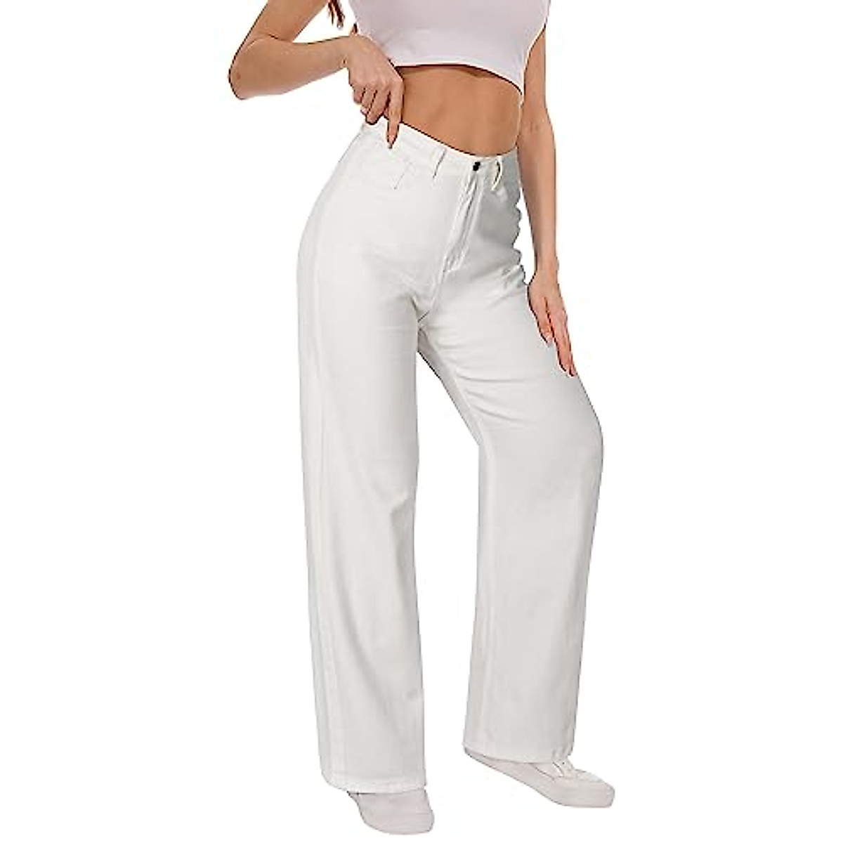HDLTE Women's Wide Leg Jeans High Waist Baggy Jeans Loose Boyfriends Jeans White