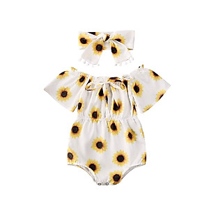 Kuriozud Baby Girl Sunflower Romper Newborn Infant Off Shoulder Bodysuit One Piece Summer Clothes (Sunflower White + Headband, 0-6 Months)