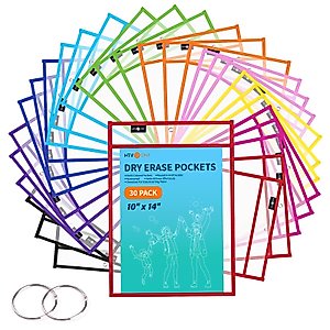 HTVRONT Dry Erase Pockets Sleeves- 30 Pack 10x14 Reusable Pocket Protector Sleeves with Rings, Clear Plastic Sleeves Sheet Protectors for Teachers, Classrooms, Schools Supplies, Shop Ticket Holders