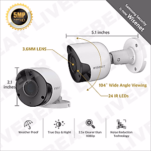 Wisenet SDC-89445BF/89447BF 5MP CCTV Surveillance Weatherproof Bullet Security Camera 82ft IR Distance Plastic Housing 3.6mm Lens 104° Wide Angle (Six Pack)