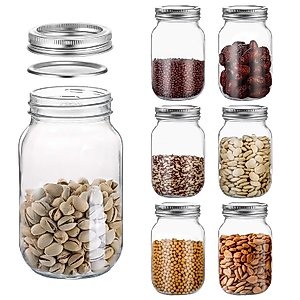 Novelinks 32 OZ Clear Plastic Mason Jars With Airtight Lids - Jars for Kitchen & Household Storage (6 Pack, Silver)
