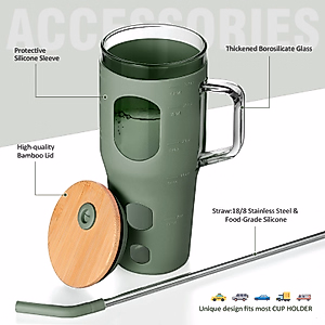 WINSA 32 oz Glass Tumbler with Lid and Straw,Glass Water Bottles with Handle,Glass Cup with Time Marker and Silicone Sleeve, Fits in Cup Holder BPA Free-Olive