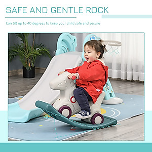 Qaba Kids 2 in 1 Rocking Horse & Sliding Car for Indoor & Outdoor Use w/Detachable Base, Wheels, Smooth Materials, Grey and Green